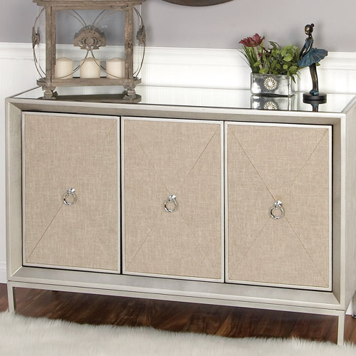 Rosdorf Park Anniston Gray Wood Upholstered Front Panel 1 Shelf & 3 Doors Cabinet w/ Mirrored ...